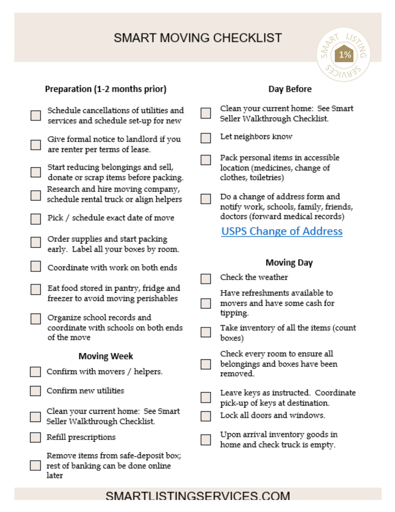 Smart Moving Checklist - Smart Listing Services